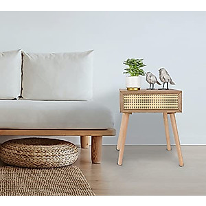 Rattan Nightstand with Drawer, Bedside Table, End Table with Storage, Modern Boho Nightstands, Mid-Century Coffee Table, Small Side Tables for Living Room Bedroom Office Balcony (Natural Walnut)