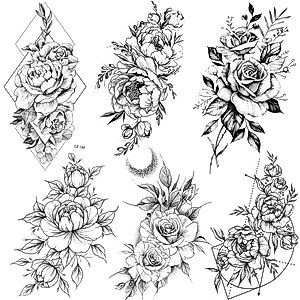 COKTAK 6 Pieces/Lot 3D Realistic Large Black Rose Flower Temporary Tattoos For Women Body Art Arm Big Peony Geometric Tattoo Stickers Adults Fake Waterproof Tatoo Legs Sketch Sexy Girl Peach Lily