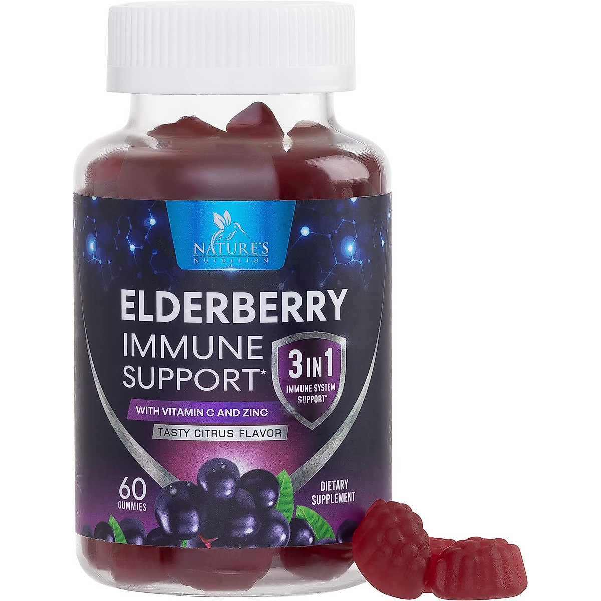 Sambucus Elderberry Immune Gummies, Daily Immune Support with Vitamin C, Vitamin D3, Zinc, Immune Support Gummy Vitamin Supplement, Black Elderberry for Adults, Kid, Gluten Free Non-GMO - 60 Gummies