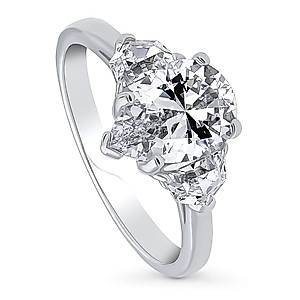 BERRICLE Sterling Silver 3-Stone Wedding Engagement Rings Pear Cut Cubic Zirconia CZ Ring for Women, Rhodium Plated Size 6