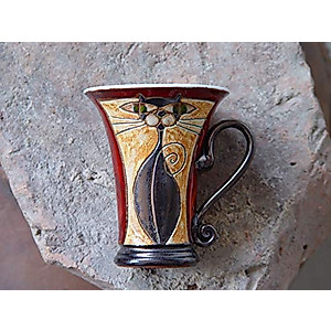 Pottery Coffee Mug, Cat Mug, Red Mug with Unique Hand Painted Decoration