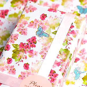 WRAPAHOLIC Lagre Floral Wrapping Paper Roll - Glitter Floral Butterfly Wrapping Paper for Wedding, Women Birthday, Mother's Day, Valentine's Day - 30 inch x 16.5 feet