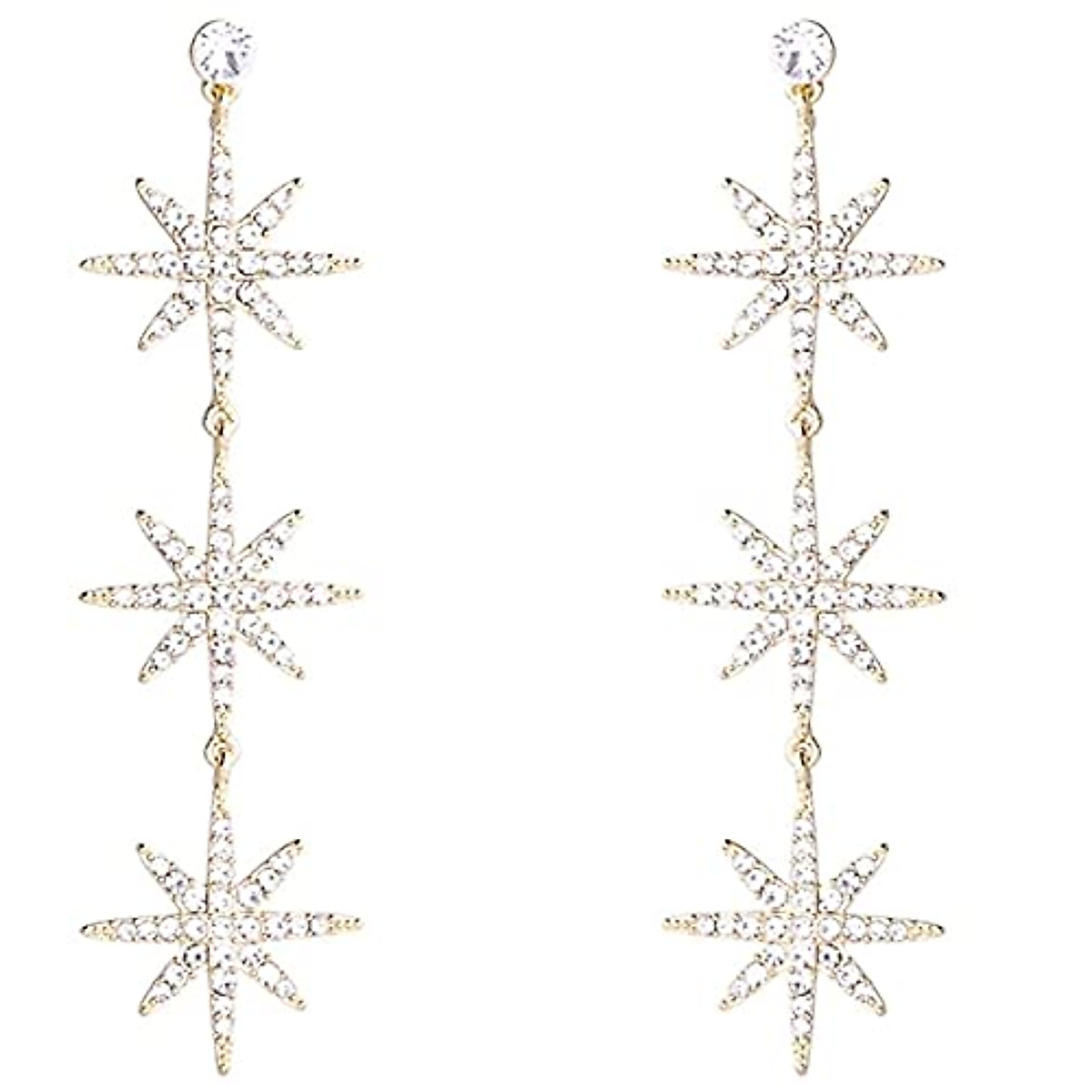 Blingsoul Gold Star Crystal Dangle Earrings – Sparkly Gold Rhinestone Earrings Dangling Style with Hexagram Star Earrings for Women Brides | [J100046] Star Snowflakes | Gold