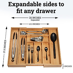 Dynamic Gear Premium Bamboo Drawer Organizer, Silverware Organizer, 100% Pure Bamboo, Adjustable Utensil Organizer, Kitchen Drawer Organizer, Silverware Tray for Drawer (6-8 slots)