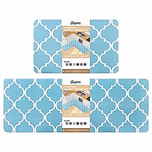 Carvapet Moroccan Trellis Kitchen Mat 2 PCS Cushioned Anti-Fatigue Kitchen Rug Waterproof Non-Slip Rugs PVC Ergonomic Comfort Standing Foam Mats for Office Laundry, Teal, 17.3''x27.5''+17.3''x47.2''