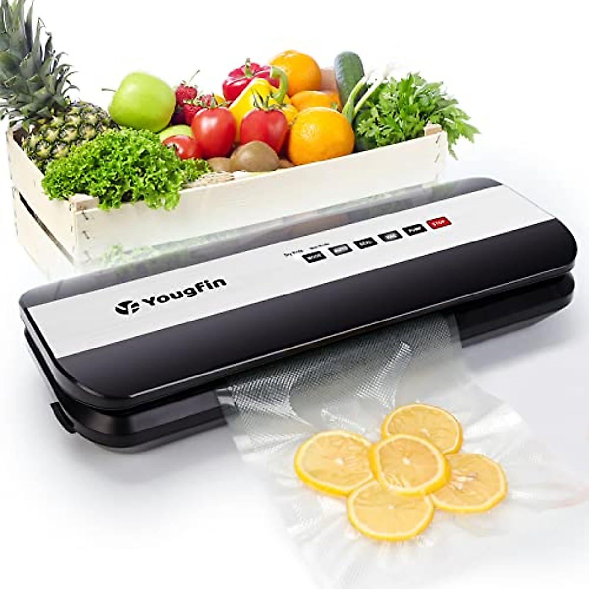 Yougfin Vacuum Sealer Machine, Dry & Moist Food Sealer with 6-in-1 Easy Operations for Food Storage and Sous Vide, Automatic Sealer Machine with 10 Sealer Bags, Touch Screen Design