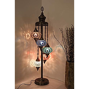LaModaHome Turkish Lamp Colorful Mosaic Glass Decorative Floor Lamp for Living Room, Bedroom or Office Moroccon Lamp with US Plug & Socket - Large 7" Globe