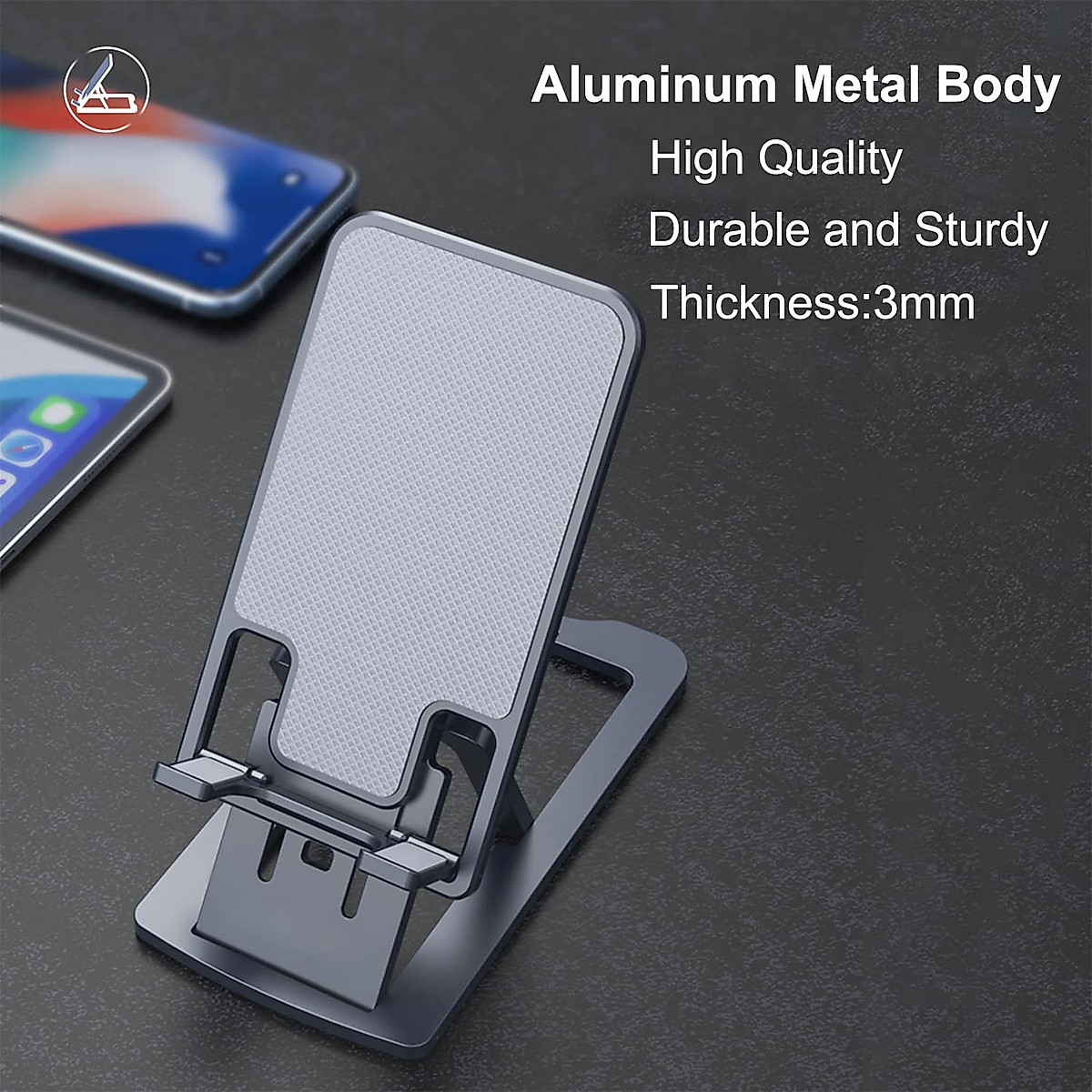 DTech Foldable Cell Phone Stand Holder Aluminum Adjustable Height Nonslip Adhesive Portable Cellphone Cradle for Desk Office Table Home Travel Mobile Smartphone - Gray