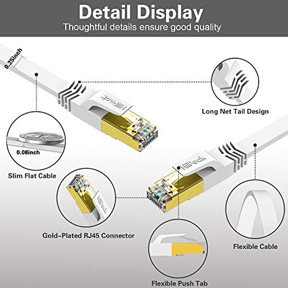 HiiPeak Cat 8 Ethernet Cable 3ft - Cat8 Flat Internet Cable High Speed LAN Patch Network Cables with RJ45 Gold Plated Connector, Compatible with Cat5/Cat6/Cat7, White(3 ft)