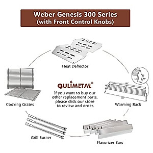 QuliMetal 19.5" 62752 Grill Burner and 7130 Grill Cover for Weber Genesis 300 Series (2011-2016) with Front Control Panel