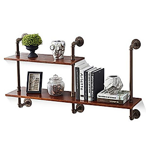 ivinta 2-Tier Floating Shelves Industrial Pipe Shelf Wall Mounted Solid Wood Shelf Hanging Wall Bookshelf for Kitchen Office Ladder Shelf for Living Room Bathroom