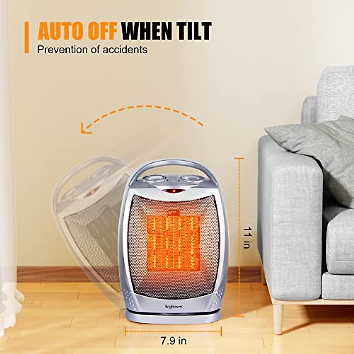 Brightown Portable Ceramic Space Heater 1500W/750W, 2 in 1 Oscillating Electric Room Heater with Tip Over and Overheat Protection, 200 Square Feet Fast Heating for Indoor Bedroom Office Desk Home (Silver)