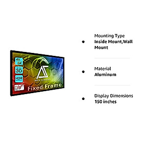 Akia Screens Fixed Frame Projector Screen 150inch 16:9 8K 4K Ultra HD 3D Ready Wall Mount CINEWHITE UHD-B 150" Projection Screen for Indoor Movie Video Home Theater Cinema Office AK-FF150WH2