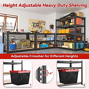 REIBII 72" H Storage Shelves 2300LBS Heavy Duty Garage Shelving Adjustable 5 Tier Garage Storage for Garage Kitchen Basement Industrial Metal Shelf Organizer Black
