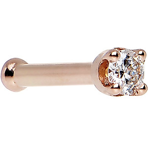 Solid 14k Rose Gold 2mm Cubic Zirconia Nose Stud Bone 18 Gauge 1/4"