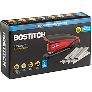 Bostitch Stapler with Staples - InPower Red Stapler - Spring Powered Stapler with 1260 Staples - Built-in Staple Remover - Staple Storage Compartment - One Touch Heavy Duty Staplers for Desk