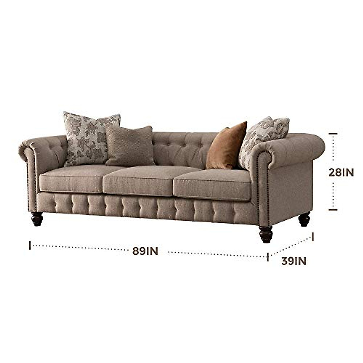 Acanva Chesterfield Tufted Sofa with Scroll Arms, Nailhead Trim Linen Upholstered, 89" W Couch, Brown