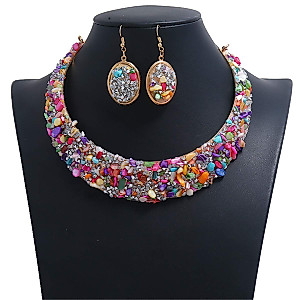 Rhinestone Collar Gold Alloy Metal Necklace For Women Stone Bangle Earring Jewelry Accessories 3pcs Sets (3pcs colorful sets)