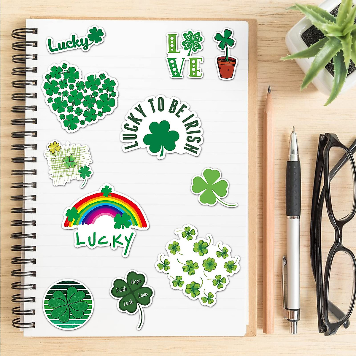 FAMYGFT St Patricks Day Stickers for Kids & Adults 50PCS Shamrock Stickers Waterproof 4 Leaf Clover Sticker Green Irish Self-Adhesive Gift Labels Water Bottle Sticker Decals Classroom Party Decoration