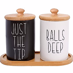 VICUKIE Apothecary Jars, Ceramic Qtip Holder and Cotton Ball Holder, Exquisite Apothecary Jars with Lids, Farmhouse Bathroom Decor with Bamboo Tray, Rustic Bathroom Decor, Bathroom Accessories (BLACK AND WHITE ROUND LID)