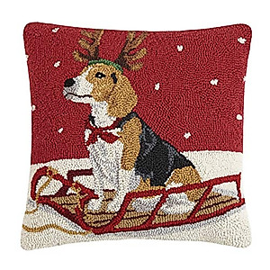 Peking Handicraft 31SJM10012C18SQ Beagle on a Sleigh Hook Pillow, 18-inch Square, Wool and Cotton