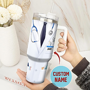 WAZONE Personalized Doctor with Name Tumbler Customized Tumbler 40oz with Handle and Straw Stainless Stee Travel Mug Cup Appreciation Gifts For Doctors Men Graduate Graduation Day Retirement