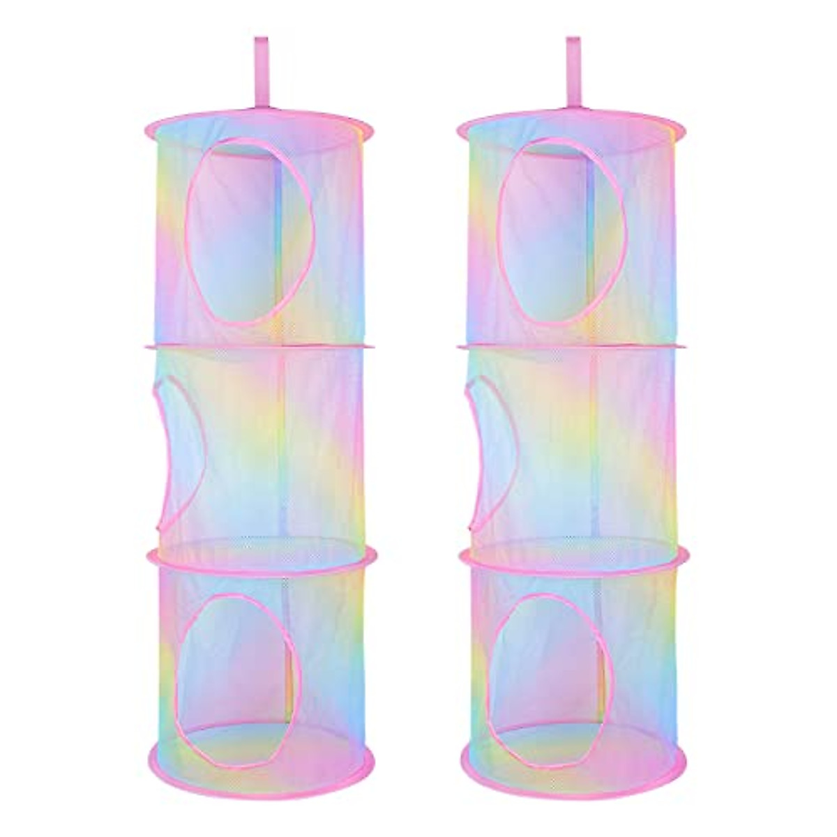 Basumee Stuffed Animals Net or Hammock 2Pcs Hanging Stuffed Animals Storage 3 Compartments Toy Net Hammock for Stuffed Animals Organizer Mesh Stuff Animals Hammock for Kids Girls Room, Rainbow