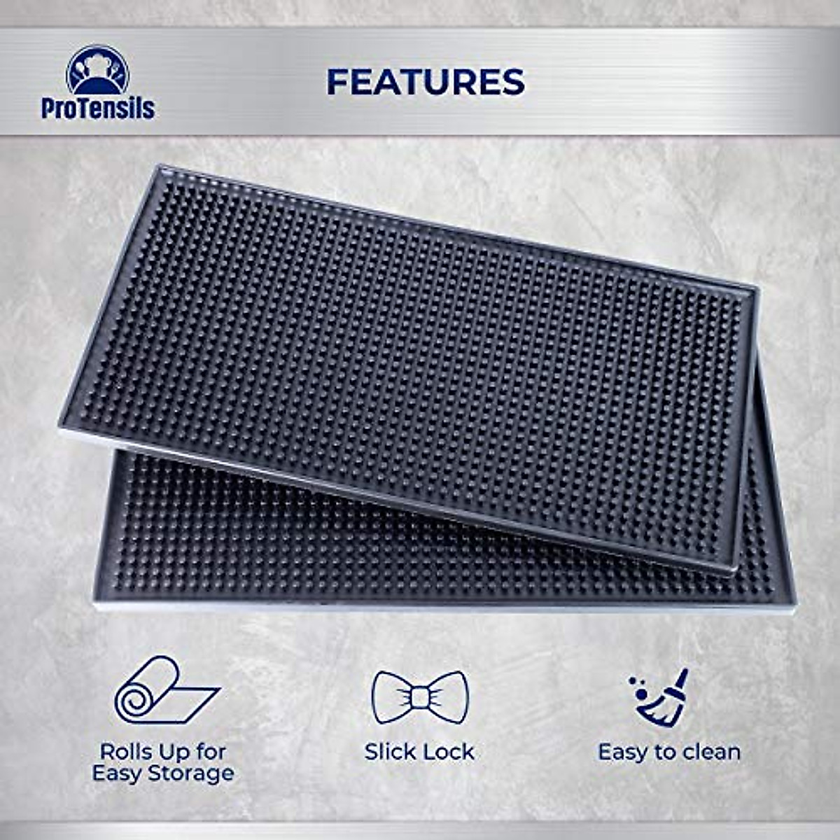 ProTensils Bar Mat 12" x 6", Black Bar Mats, Bar Spill Mats Countertop, Home Bar Service Mat (2 Pack)