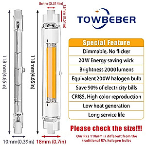 TOWBEBER R7s LED Bulb 118mm Dimmable 4rd Generation, 20W Double Ended J118 Base T3 LED Replacement for Halogen 200W Light Bulbs, 2000lm Sapphire COB Bulb 3000K Warm Light CRI 85 (2PCS)