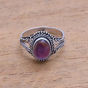 NOVICA Artisan Handmade Amethyst Singlestone Ring from Bali Sterling Silver Indonesia Birthstone Gemstone [ring Front 0.6 in H x 0.4 in W x 0.3 in D Band Width 3 mm W] ' Princess Gem'