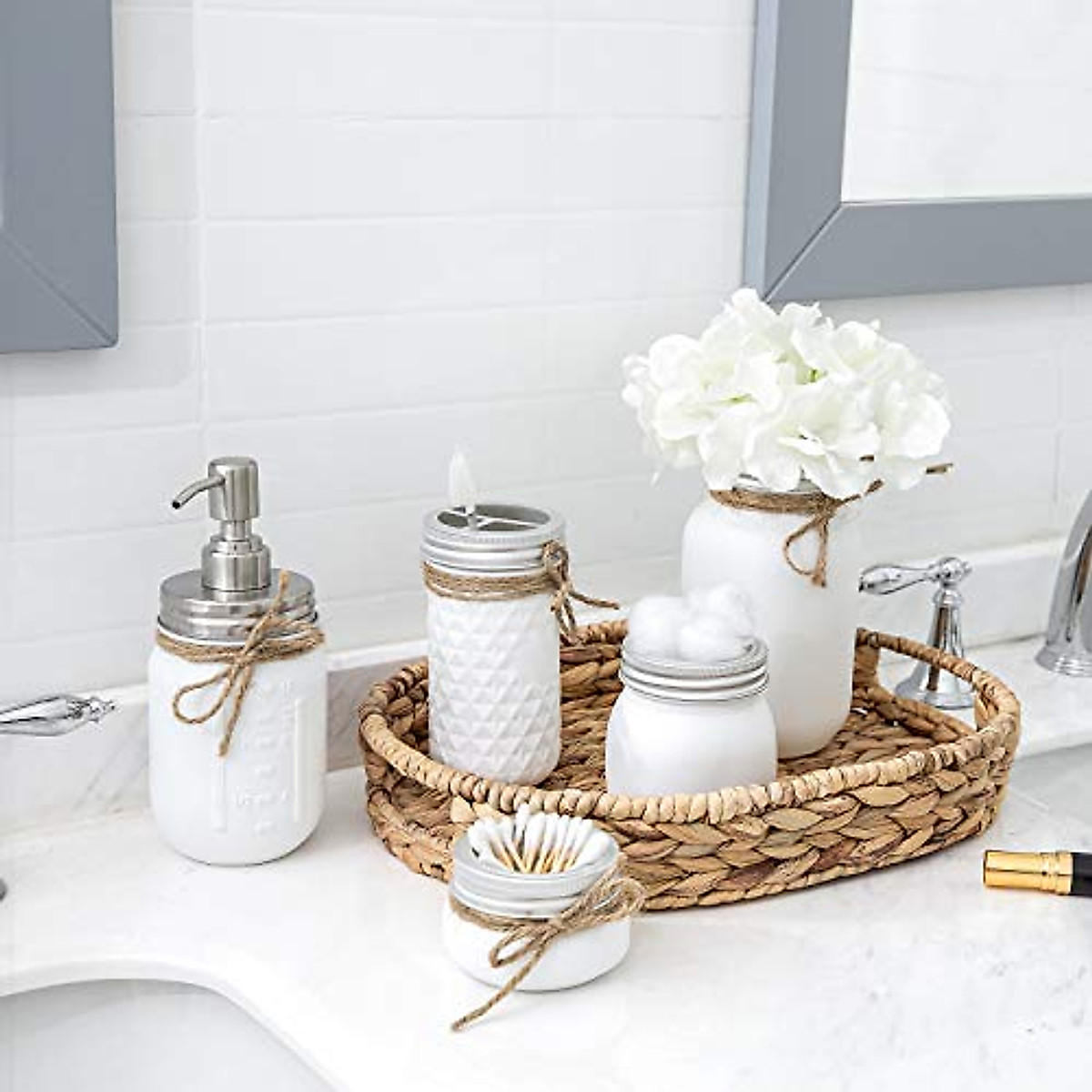 Mkono Mason Jar Bathroom Accessories Set White Mason Jars Bathroom Organizer Include Liquid Soap Dispenser,Cotton Swab,Tissue,Toothbrush Holder,Rustic Country Countertop Fall Decor 5 Piece, White