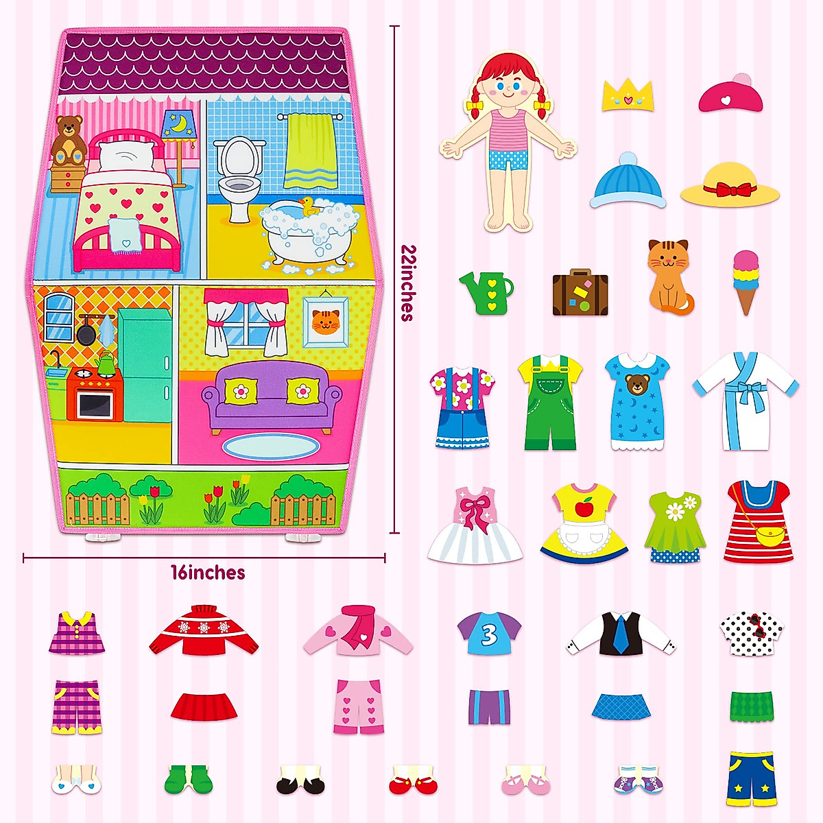 OKOOKO Dress Up House Felt Board 35PCS Double-Sided Foldable Dress Up Teaching Girls Toy Preschool Crafts Storytelling Early Learning Interactive Play Kit for Toddlers Kids