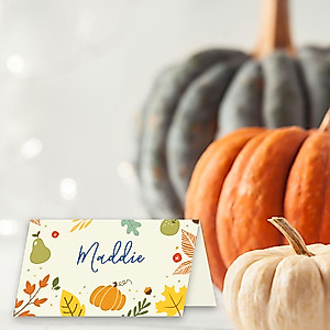 Koko Paper Co Thanksgiving Place Cards with Pumpkin and Autumn Foliage. Pack of 50 Tent Style Cards for Thanksgiving and Other Fall, Autumn Events. No Holder Necessary.