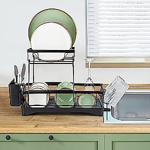 Dish Drying Rack, Dish Rack for Kitchen Counter, Over Sink Dish Drying Rack with Drain Board, 2-Tier Large Capacity Dish Drainer Organizer Shelf with Utensil Holder, Wine Glass Holder - Black