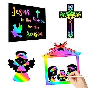 WATINC 80pcs Nativity Jesus Birth Scratch Paper Art Ornaments for Kids School Christmas DIY Religious Themed Party Magic Color Scratch Off Card Hanging Craft Jesus is The Reason for The Season