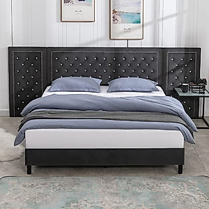ZAFLY Upholstered California King Size Bed Frame with Oversized Crystal Button Tufted Headboard,Velvet Platform Damazy Eastern Bed,Wooden Slats Support,No Box Spring Needed,Easy Assembly,Dark Grey