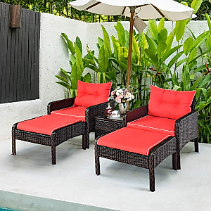 Tangkula Wicker Furniture Set 5 Pieces PE Wicker Rattan Outdoor All Weather Cushioned Sofas and Ottoman Set Lawn Pool Balcony Conversation Set Chat Set