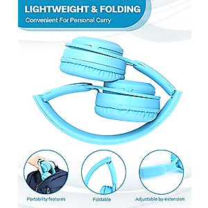 Kids Bluetooth Headphones, Wireless Headphones for Kids with Built-in Microphone, Over Ear Foldable Stereo-Bass Aux 3.5mm Cord, Wireless Bluetooth Headsets for Children Boys Girls School (Blue)