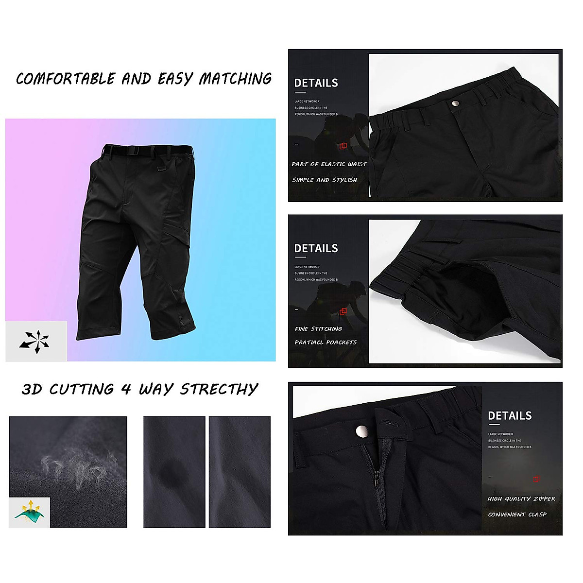 Mens UPF 50+ UV Protection Cargo Capri Pants, Moisture Wicking Hiking Long Inseam Shorts Lightweight and Breathable
