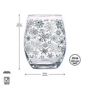 Elegant Home Set of Four (4) 20oz Holiday Festive Christmas Gift Stemless Wine Glass For Red Or White Wine- Christmas Winter Blue & White Snowflakes