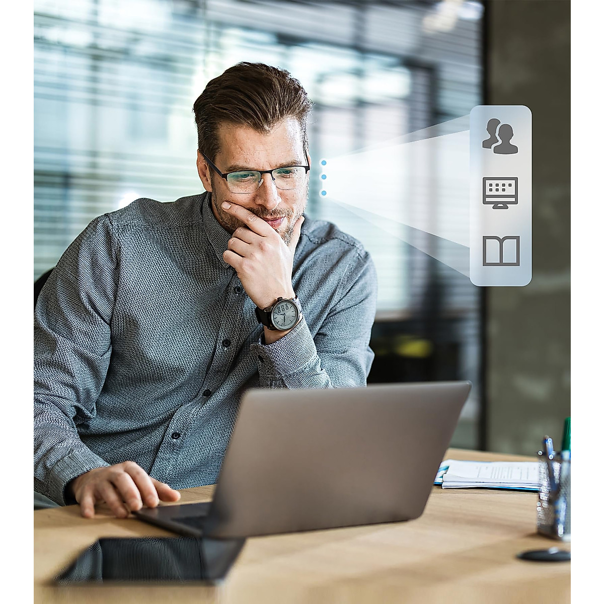 Missfive 2 Pack Mens Quality Progressive Multifocus Reading Glasses Blue Light Blocking, Man Spring Hinge No-Line Multifocal Readers Half Frame Metal Eyeglasses (Workspace For Near Range, 2.5x)