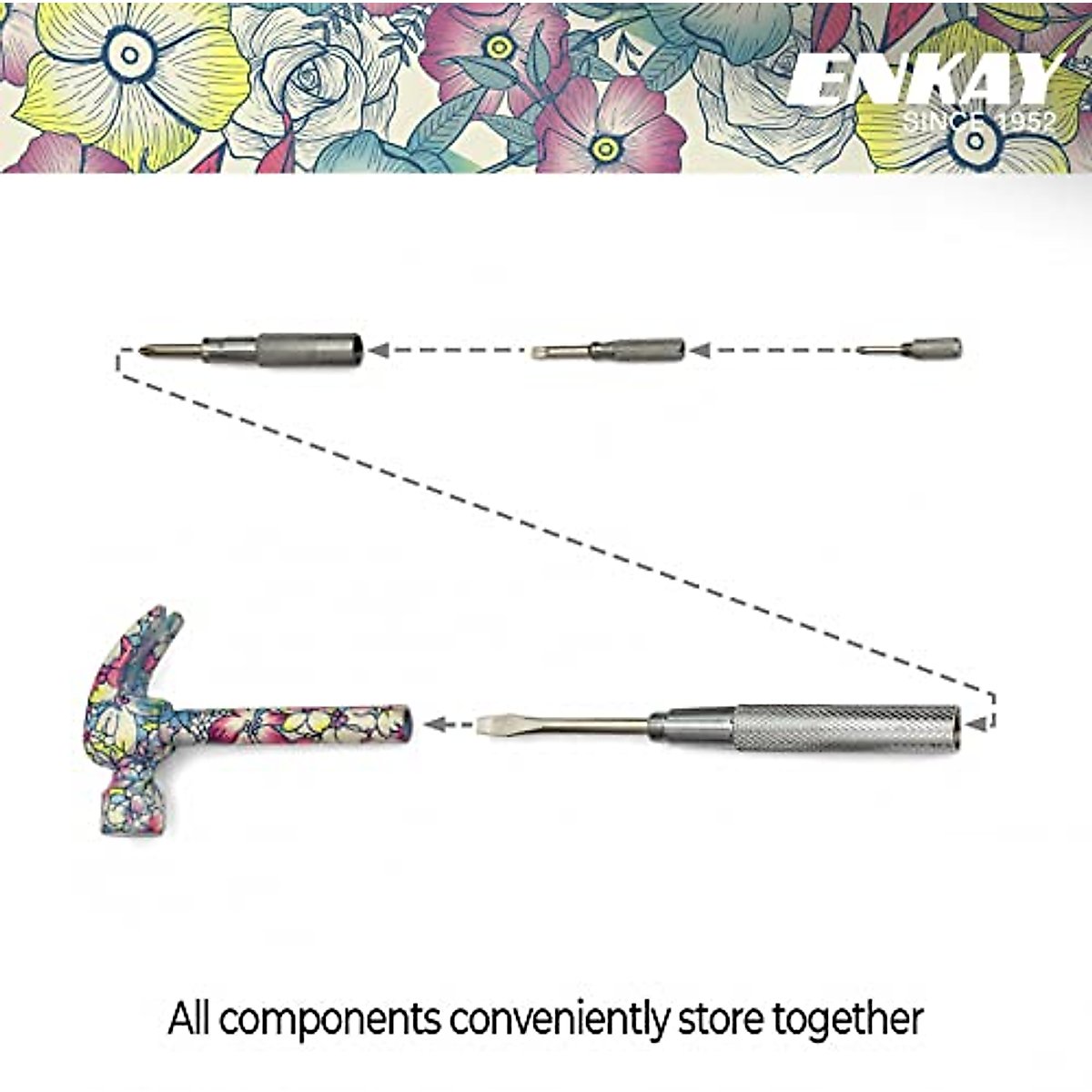 ENKAY - 6 in 1 Floral Hammer and Screwdriver, Multifunction Claw Hammer Tool with Flower Print (Pattern 3)