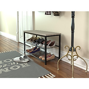 Rooflare Shoe Bench, 3 Tiers Shoe Rack for Entryway, Storage Organizer with Two Iron Shelf and top for Board, Shoe Shelf, Metal Steel Frame, Black, Durable