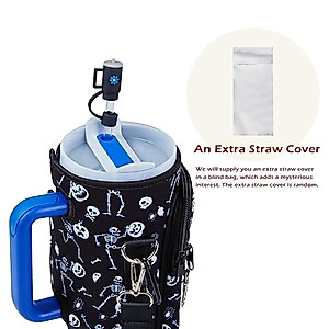 ZOYEPIN Halloween Water Bottle Carrier Bag with Pouch, Durable Stanley Carrier for Stanley 40 oz Tumbler with Handle, with Extra One Blind Box Straw Cover, Stanley Cup Accessories for Travelling