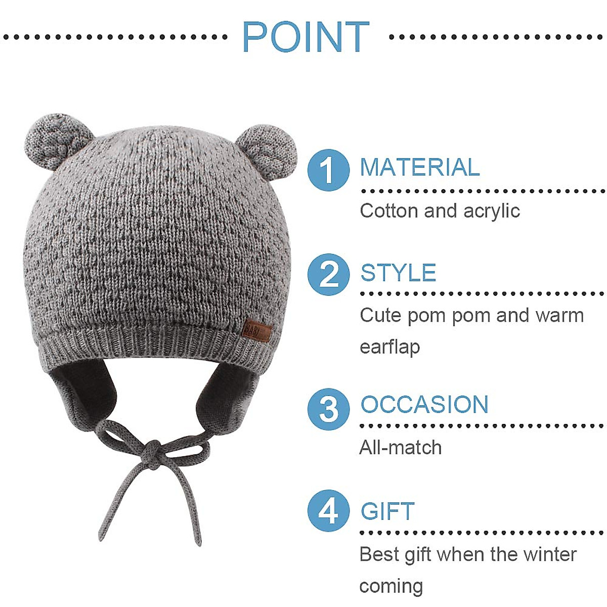 BAVST Baby Beanie Hat for Winter with Earfalp Cute Bear Kids Toddler Girls Boys Warm Knit Cap 0-2Years(Grey, S)