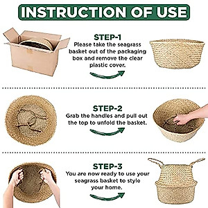 Blueming Home Decor Plant Basket – Large Seagrass Belly Basket Planter, Woven Rattan Wicker Plant Pot for Tall Indoor Plants with Handles, Round Decorative Boho Planters (Original, 10-11 Inch)