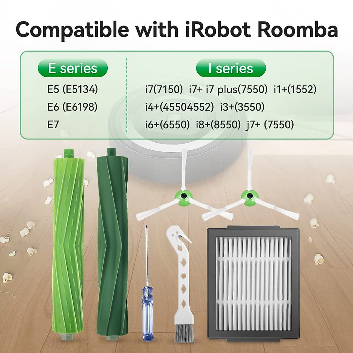 Replacement Parts for iRobot Roomba i7 i7+ i3 i3+ i4 i4+i6 i6+ i8 i8+/Plus E5 E6-2 Sets of Multi-Surface Rubber Brushes, 8 Filters, 8 Edge-Sweeping Brushes - Efficient Cleaning and Maintenance