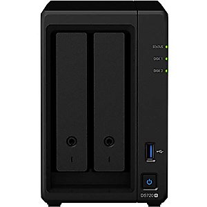 Synology DiskStation DS720+ NAS Server with Celeron 2.0GHz CPU, 6GB Memory, 32TB HDD Storage, 1TB M.2 NVMe SSD, 2 x 1GbE LAN Ports, DSM Operating System