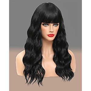 WAVE&BREEZE Black Wigs for Women 18inch Long Wavy Curly Hair Wigs with Bangs Synthetic Replacement Wigs Heat Resistant Fiber Party Costume Wig(18inch Natural Black)