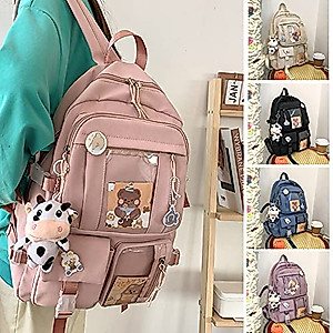 Eagerrich Kawaii Backpack with Cute Pin Accessories Plush Pendant for School Bag Student Girl Backpack Super-Capacity Waterproof Travel Backpack(Beige)